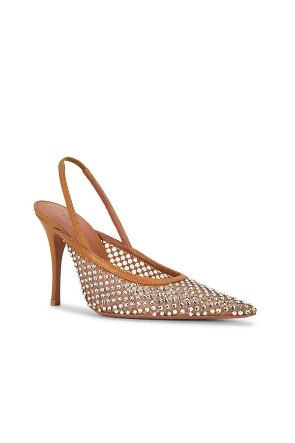 Amina Muaddi Felicia 100 Crystal Net Sling Pump In Tan