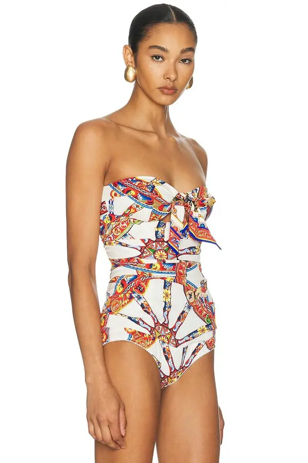 Dolce & Gabbana Charmeuse Stretch Carretto Print Bodysuit - White & Red
