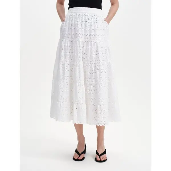 FINERY LONDON Siobhan Broderie Tiered Midi Skirt - White