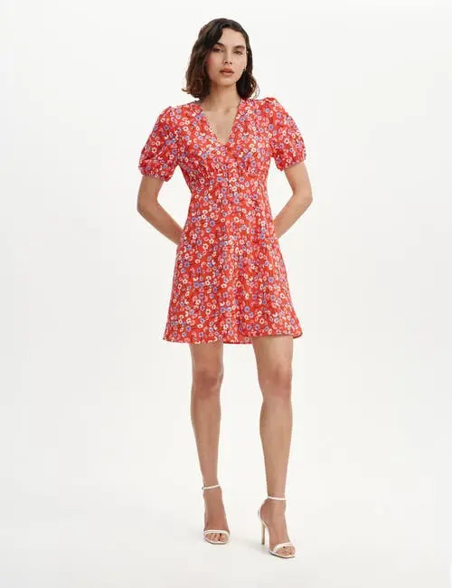 FINERY LONDON Ensley Button Through Short Dress - Red Daisy