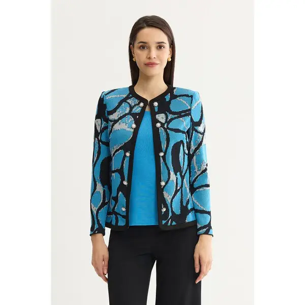 Ming Wang Abstract Jacquard Suede Trim Knit Jacket