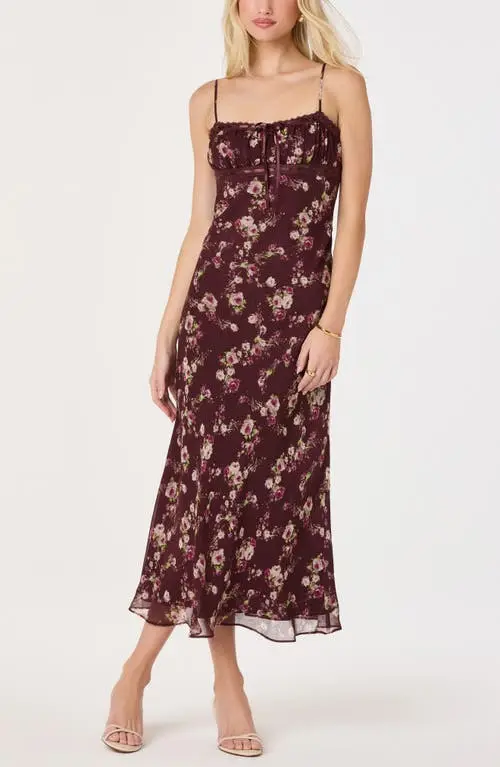 Astr The Label Floral Lace Trim Midi Dress - Wine Floral