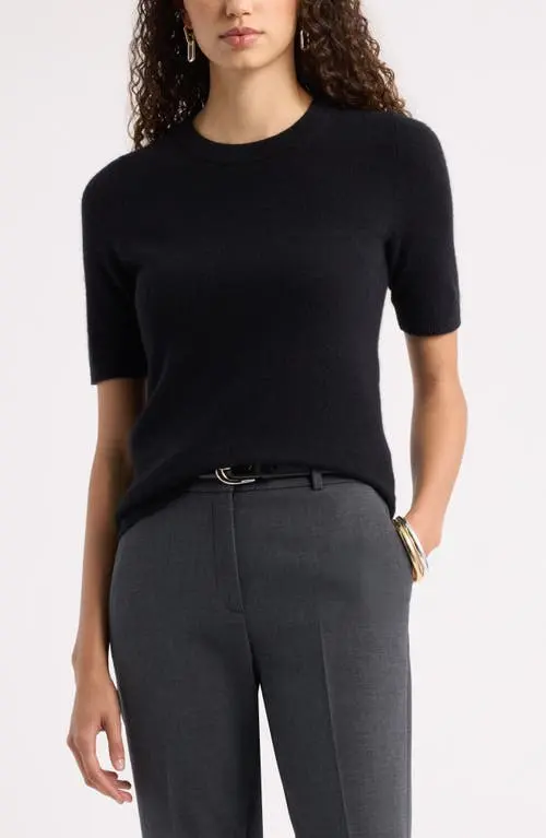 Nordstrom Cashmere Short Sleeve Crewneck Sweater - Black Rock