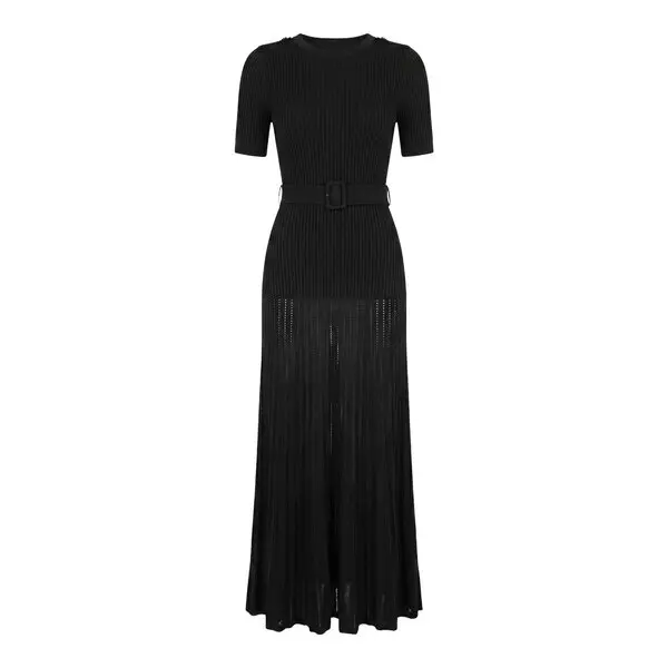 MODENAIRE Ribbed Knit Sculpted Pleats Midi Dress - Black
