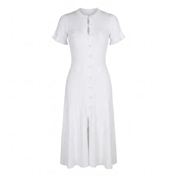 MODENAIRE Textured Knit Dress Refined Button Front - White