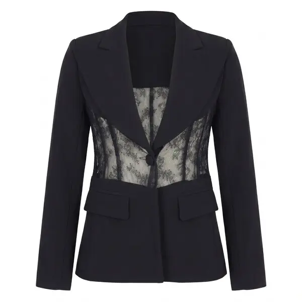 MODENAIRE Lace Paneled Deep V Neck Blazer