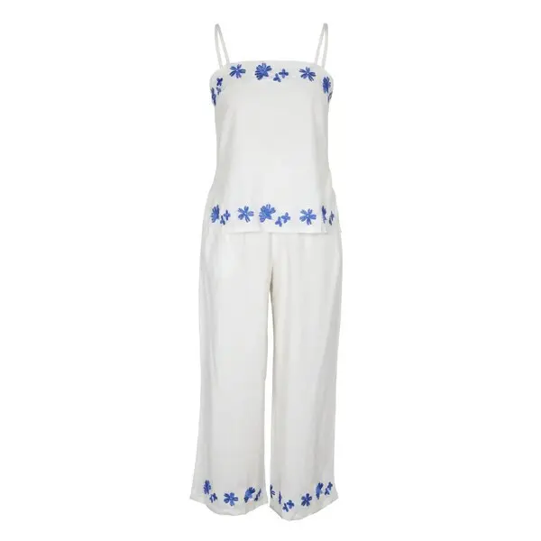 MODENAIRE Floral Embroidered Two-piece Set With Camisole And Wide-leg Pants - White