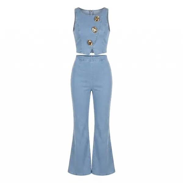 MODENAIRE Tailored Denim Vest And Wide Leg Trouser Set
