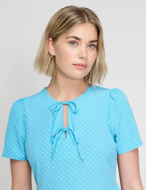 FINERY LONDON Lola Tie Front Tiered Mini Dress - Blue Spot