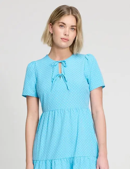 FINERY LONDON Lola Tie Front Tiered Mini Dress - Blue Spot