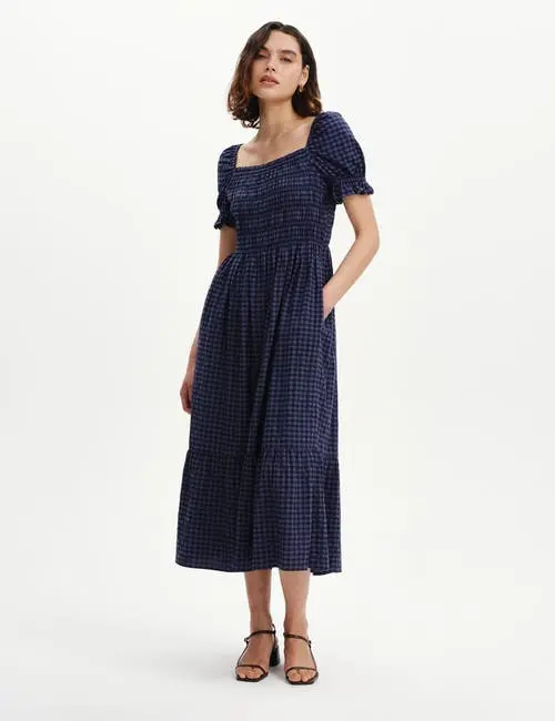 FINERY LONDON Petite Dawn Square Neck Midi Dress - Navy