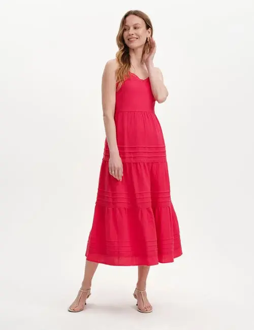 FINERY LONDON Petite Hazel Cheesecloth Midi Dress - Bright Pink