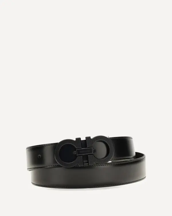 FERRAGAMO Reversible Adjustable Belt With Textured Gancini Buckle - Black