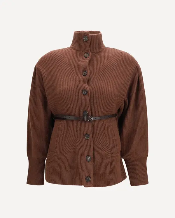 Brunello Cucinelli High Neck Cardigan With Belt - Brown