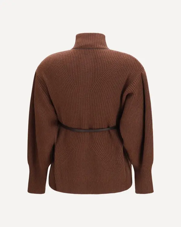 Brunello Cucinelli High Neck Cardigan With Belt - Brown