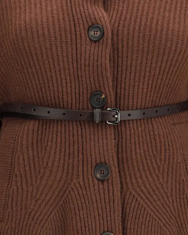 Brunello Cucinelli High Neck Cardigan With Belt - Brown