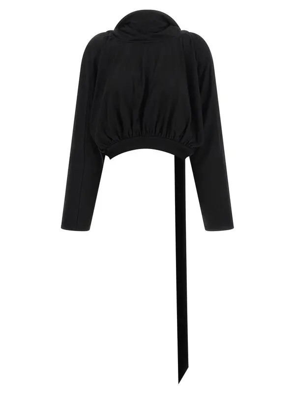 Rick Owens Cropped Hooded Top With Long Sleeves In Cotton Jersey - Black
