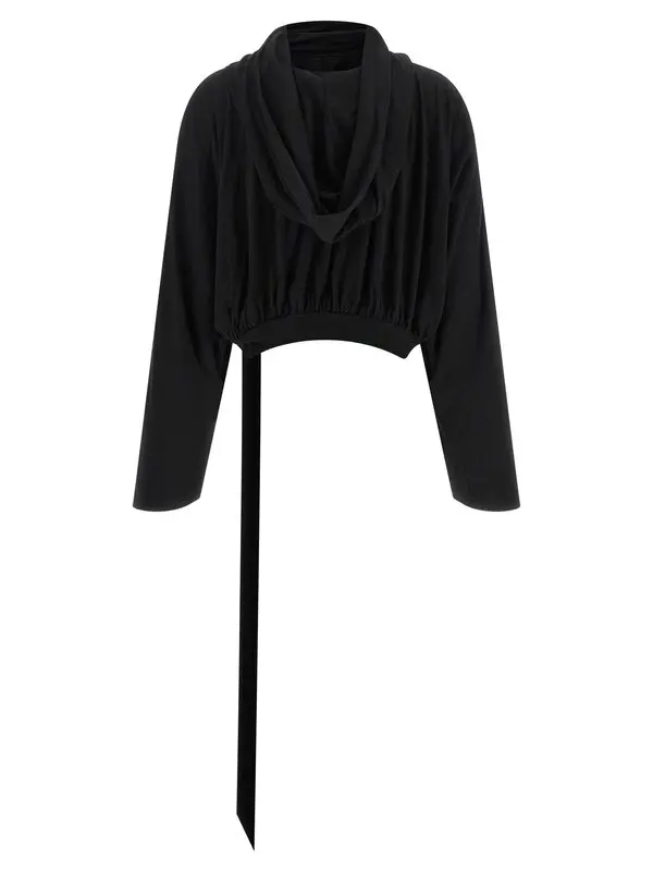 Rick Owens Cropped Hooded Top With Long Sleeves In Cotton Jersey - Black