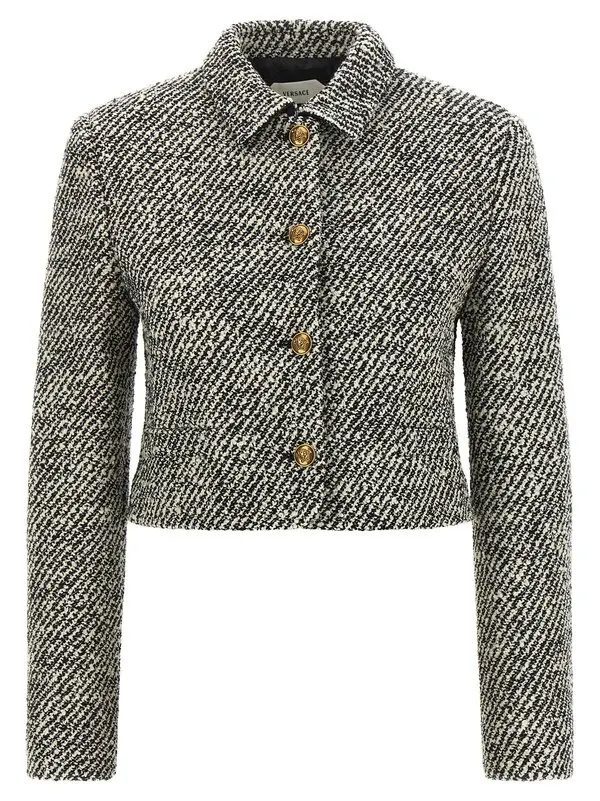 Versace Bouclé Wool Blend Cropped Blouson Jacket With Medusa Head Buttons