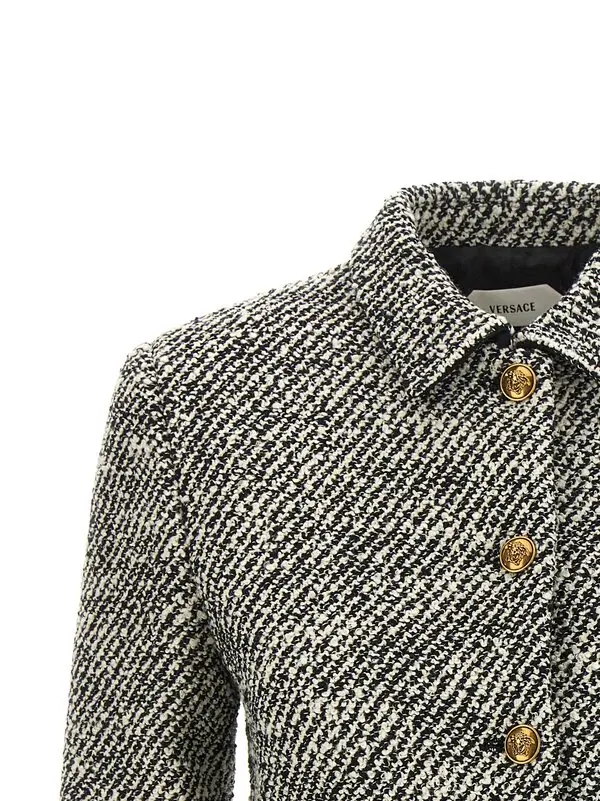 Versace Bouclé Wool Blend Cropped Blouson Jacket With Medusa Head Buttons