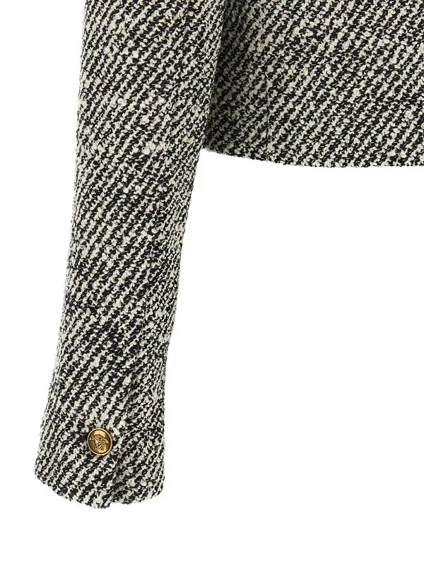 Versace Bouclé Wool Blend Cropped Blouson Jacket With Medusa Head Buttons - Multicolor