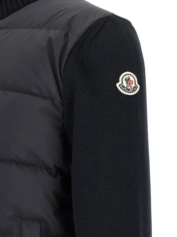 Moncler Two-material Zip-up Cardigan With Quilted Front And Virgin Wool Sleeves