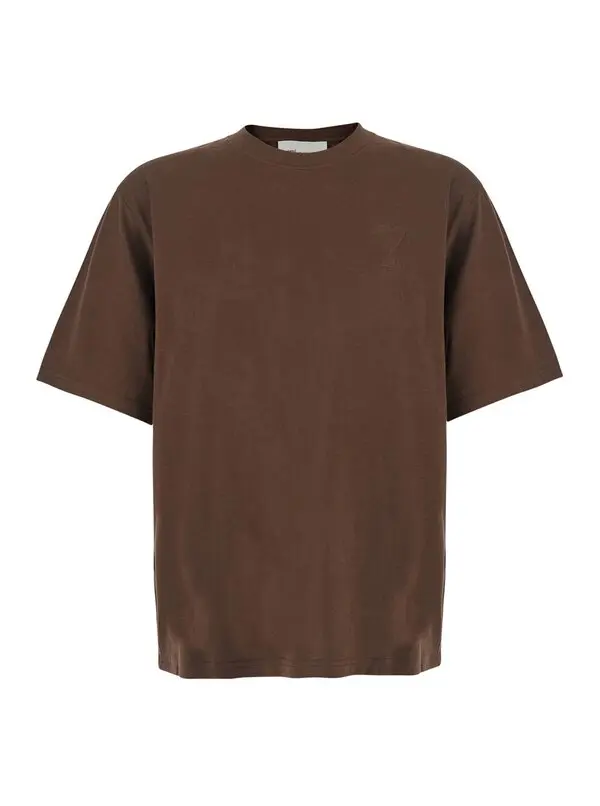 AMI Paris Brown Round Neck T-shirt With Tone-on-tone Adc Embroidery On The Front In Cotton For