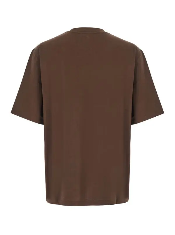 AMI Paris Brown Round Neck T-shirt With Tone-on-tone Adc Embroidery On The Front In Cotton For