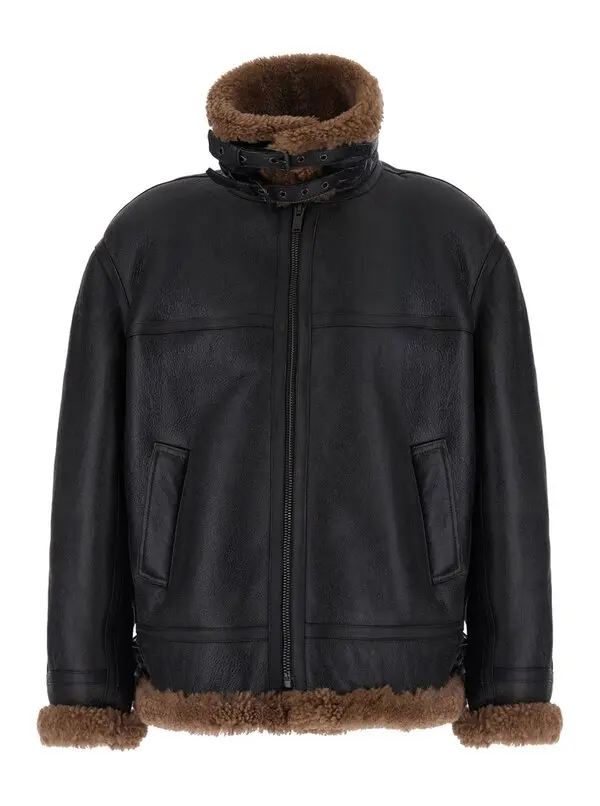 Saint Laurent Brown Jacket With Removable Collar And Shearling Lining In Leather For