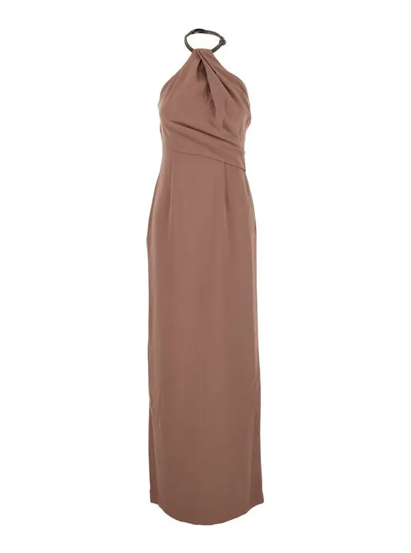 Solace London Riva' Brown Long Dress With Rhinestone-embellished Neckline And Drape Details In Twill - Multicolor