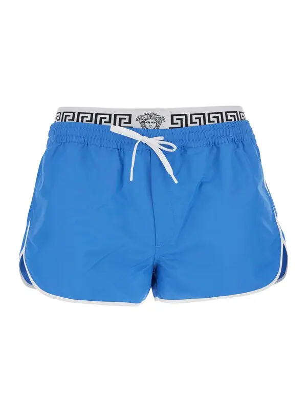 Versace Light Swim Shorts With Logo Band In Tech Fabric - Blue
