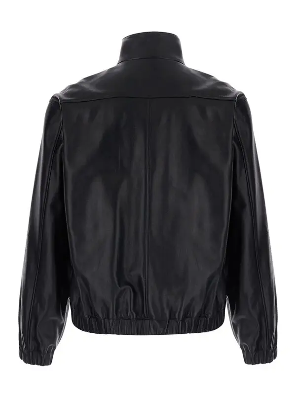 Saint Laurent Black High Collar Jacket With Front Zip Closure And Cassandre Plaque On Zipper Pull In Leather For