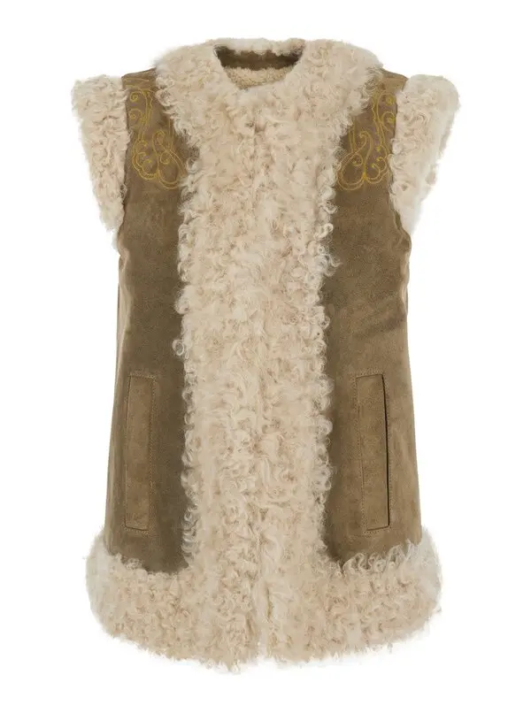 Etro Beige Shearling Vest With Maxi Embroidery - Multicolor
