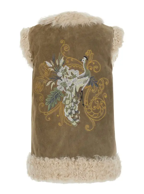 Etro Beige Shearling Vest With Maxi Embroidery - Multicolor