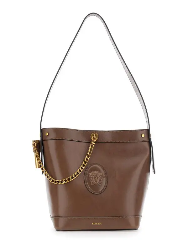 Versace Small Bucket Bag With Medusa Logo And Gold Metallic Details - Black