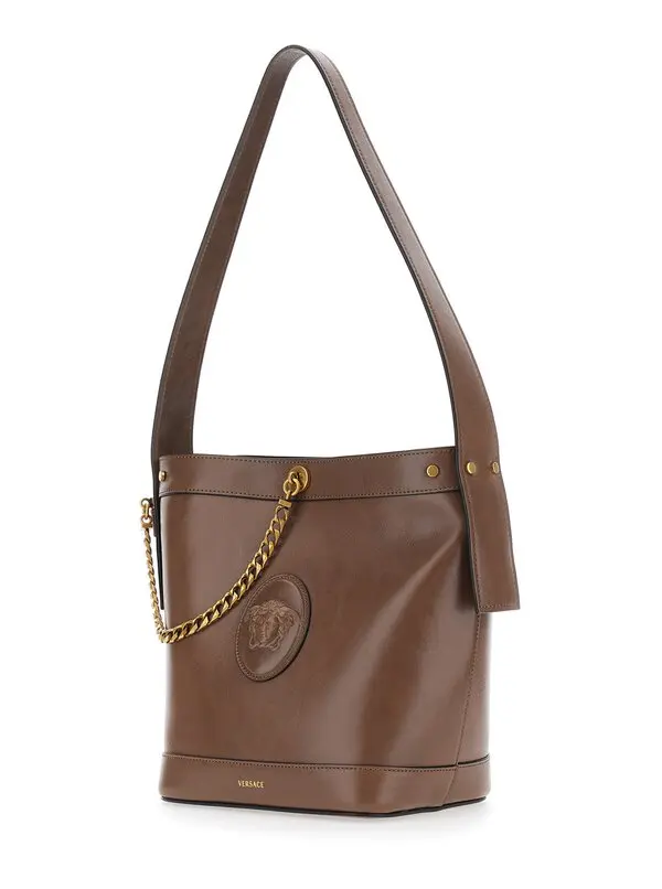 Versace Small Bucket Bag With Iconic Details In Black Leather For - Multicolor