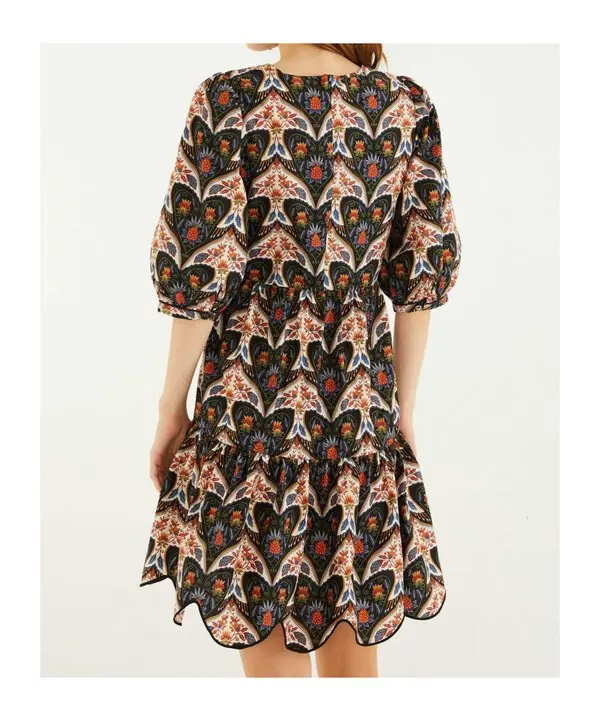 Farm Rio Round Neck Puff Sleeve Printed Dress With Lace Hem