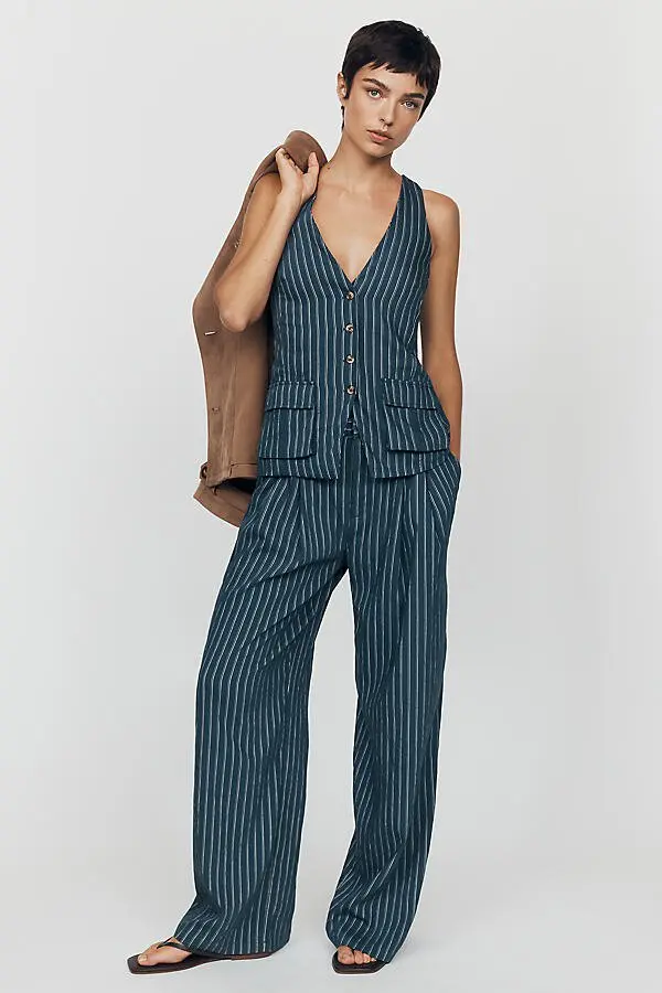 Maeve Avery Pinstripe Wide-leg Pleated Trousers