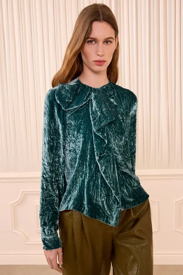 Ulla Johnson Vesa Long Sleeve Velvet Bow Blouse - Jadeite