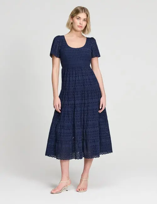 FINERY LONDON Petite Jemma Cotton Tiered Midi Dress - Navy