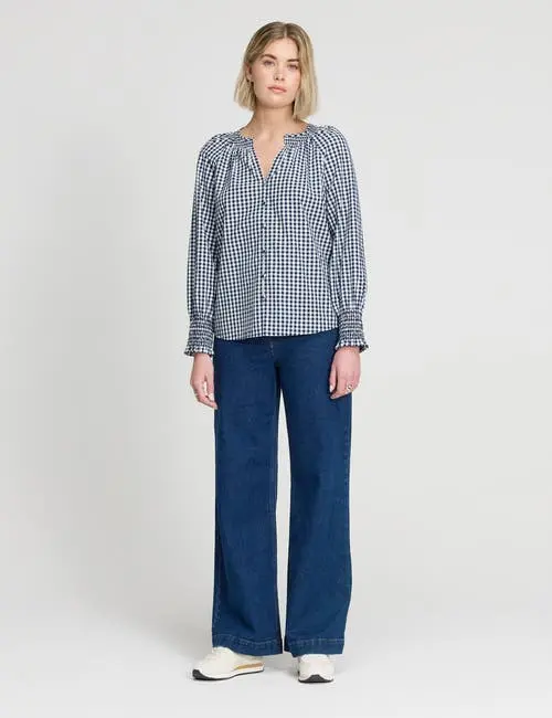 FINERY LONDON Sandy Cotton Gingham Long Sleeve Blouse