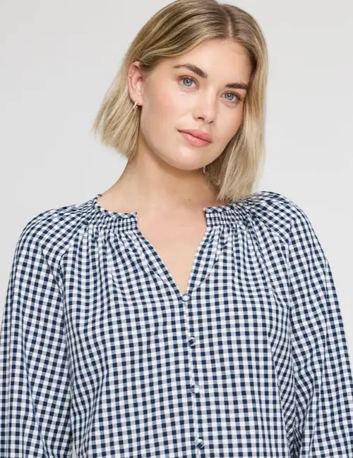 FINERY LONDON Sandy Cotton Gingham Long Sleeve Blouse