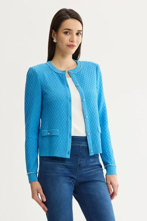 Ming Wang Raised Diamond Ribbed Knit Cardigan