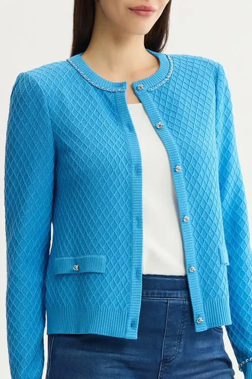Ming Wang Raised Diamond Ribbed Knit Cardigan