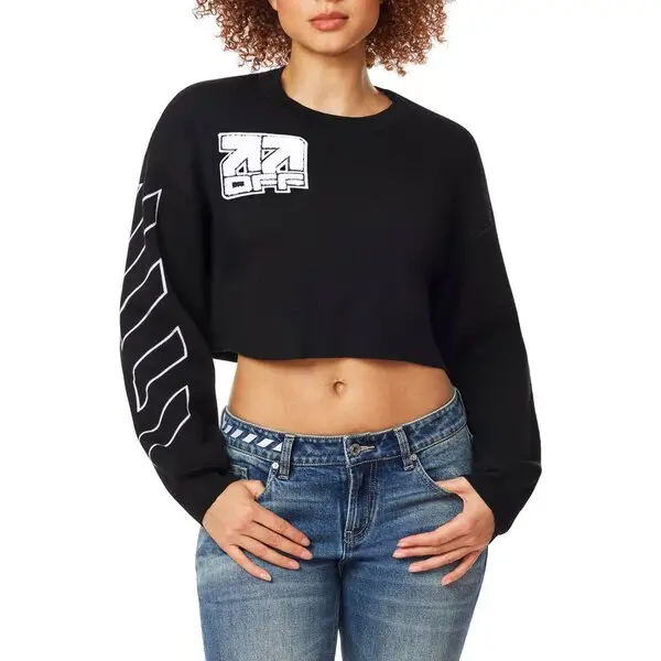 L/AB C/O OFF-WHITE Cropped Crewneck Sweater With Graphic Detail