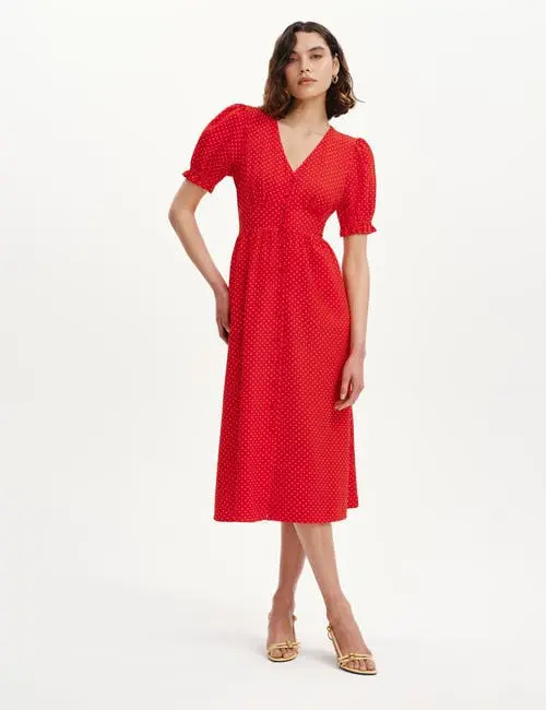 FINERY LONDON Petite Samantha Button Down Midi Dress - Red Spot