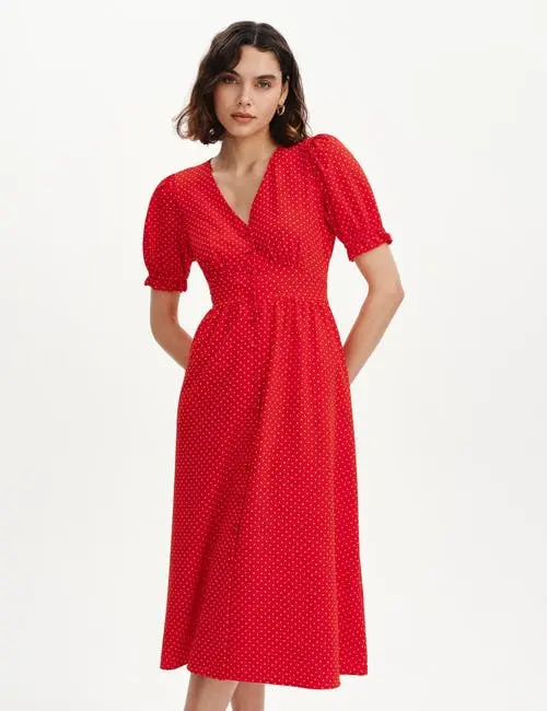 FINERY LONDON Petite Samantha Button Down Midi Dress - Red Spot