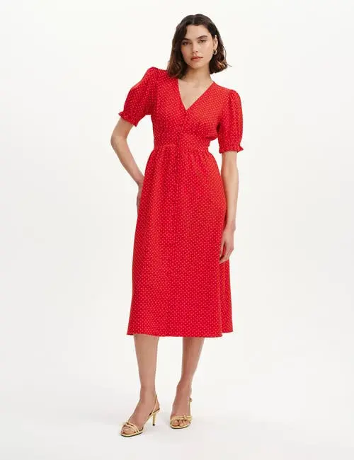 FINERY LONDON Petite Samantha Button Down Midi Dress - Red Spot