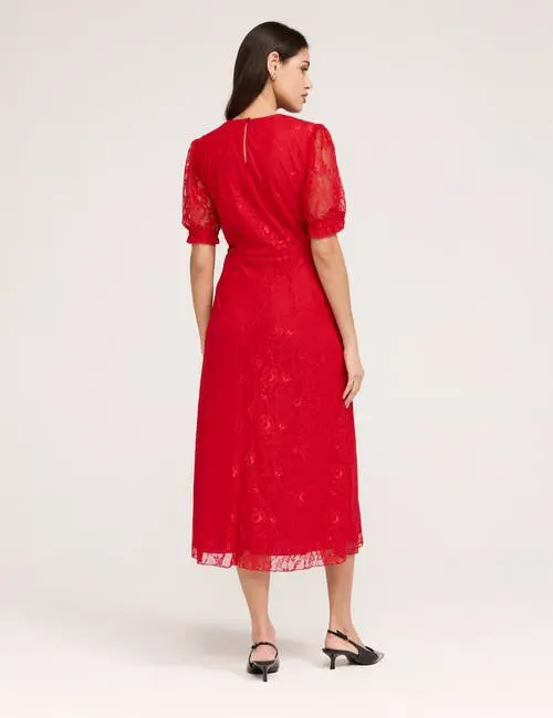 FINERY LONDON Mela Lace Midi Dress - Red