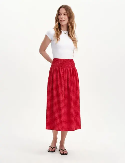 FINERY LONDON Vanessa Gingham Seersucker Midi Skirt - Pink